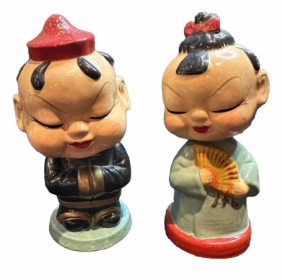 Two (2) Vintage Mid Century Asian Bobble Head Nodder KITSCH Dolls Japan ...