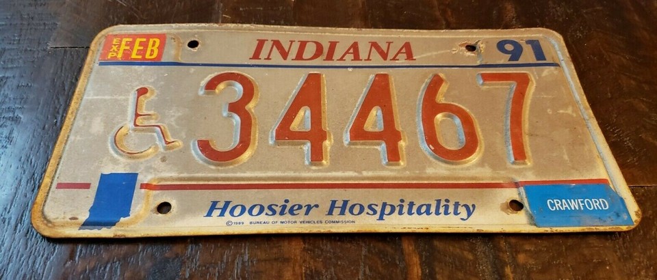 1991 INDIANA "Hoosier Hospitality" ADA Handicap License Plate: 19 A ...