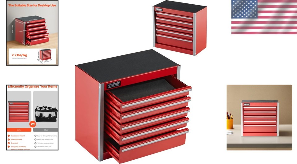 Red Steel 5-Drawer Tool Chest, Ball Bearing Drawers, Powder Coated ...