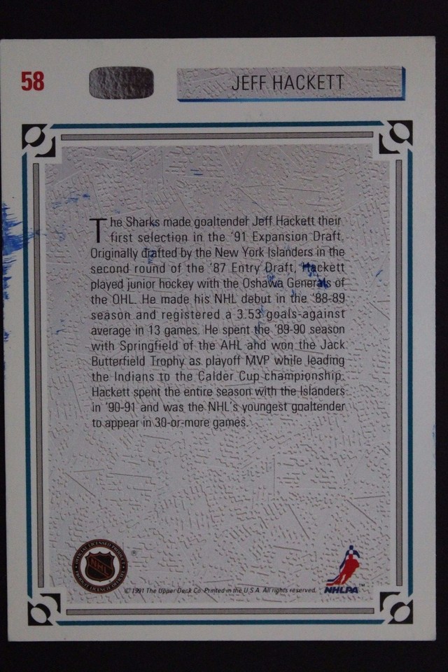 Jeff Hackett SJ Sharks Autographed 1991/92 Upper Deck #58 Hockey Card ...