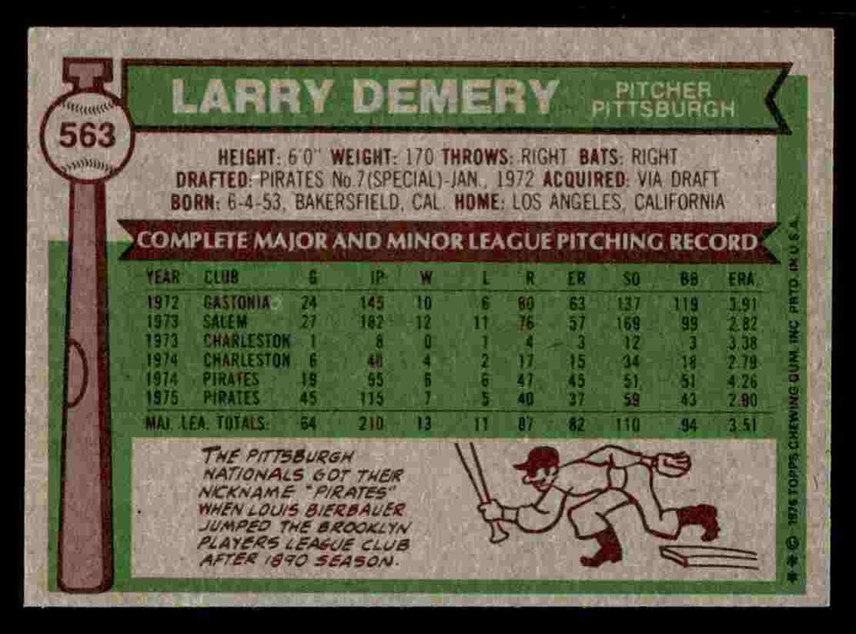 1976 Topps Larry Demery #563 - Pittsburgh Pirates | eBay