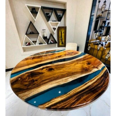 30" Blue Round Epoxy Coffee Table Centerpiece Wooden Furniture Living ...