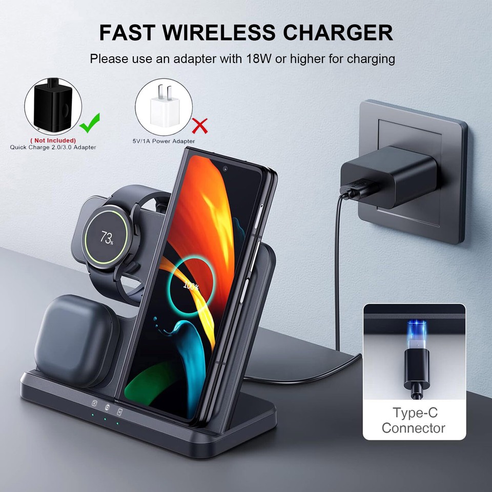 3in1 Wireless Charger Dock Station For Samsung Galaxy S25 S24 Z Fold7 ...