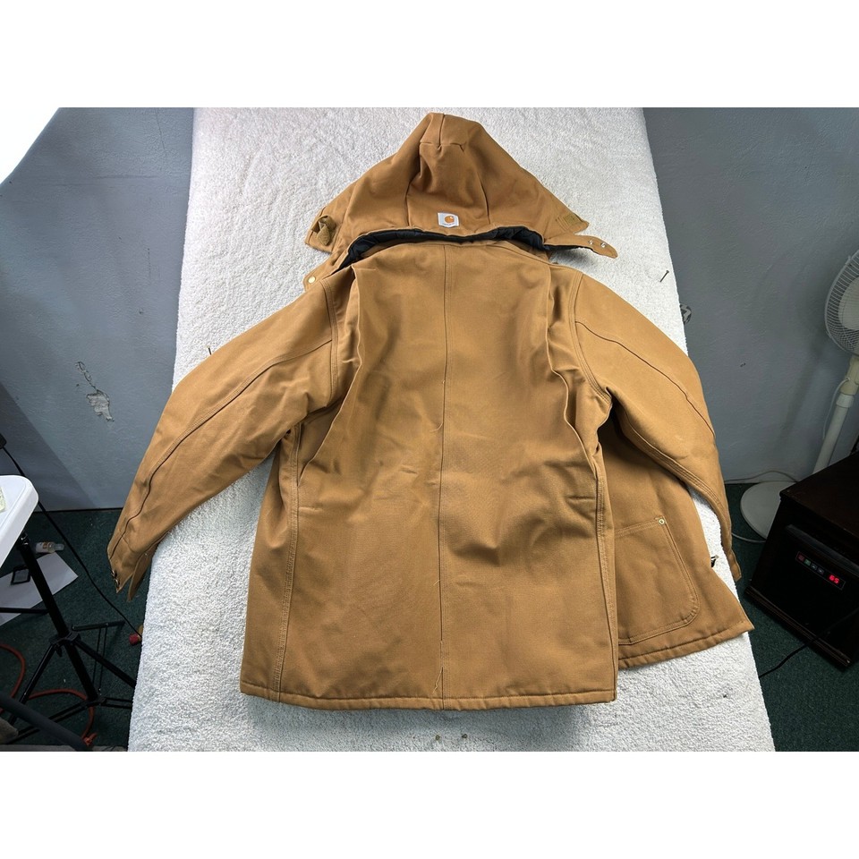 Carhartt Mens 46T Brown Duck Canvas Insulated Hooded Work Chore Jacket ...