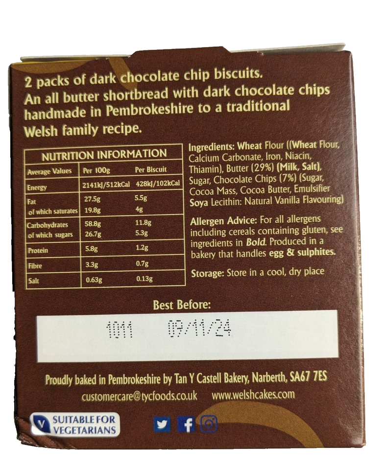 8 Welsh Chocolate Chip Shortbread Biscuits Tan Y Castell All Butter ...