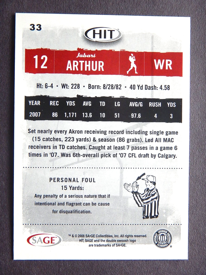 Jabari Arthur #33 Sage 2008 Football Card (Akron) (NCAA) | eBay