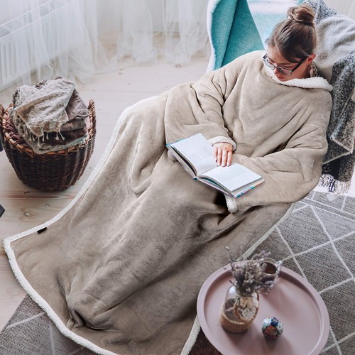 Sherpa Wearable Blanket With Sleeves, Full Body Throw Reading Wrap TV ...