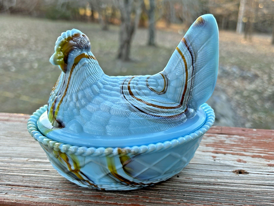 Westmoreland Slag Glass Chicken HEN on The NEST Blue Orange Yellow ...