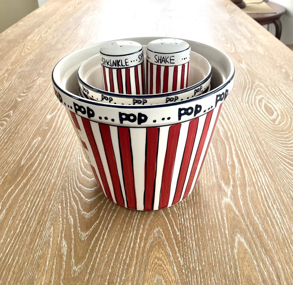 Everybody Loves Popcorn 7 Pc Ceramic Popcorn Set Bucket Four Bowls ...