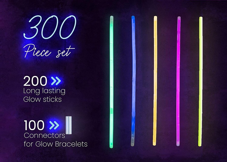 Glow Sticks Bulk 300 Pack 8” Ultra Bright Glow Sticks Party Pack ...