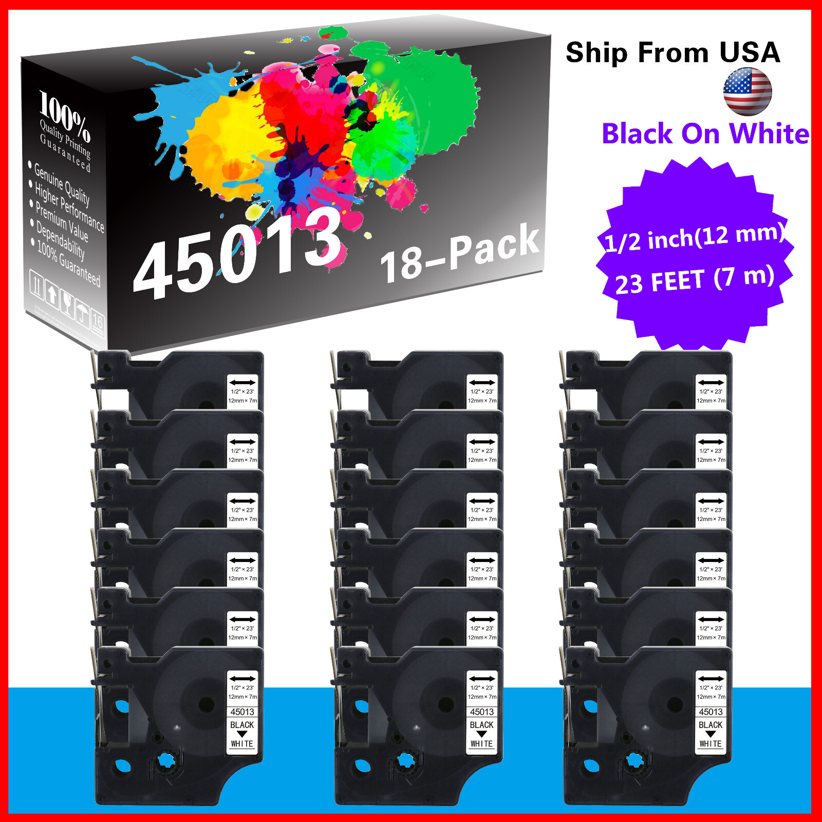 18PK 45013 Black on White D1 Tape for LabelManager 300 160 280 420P 155 ...