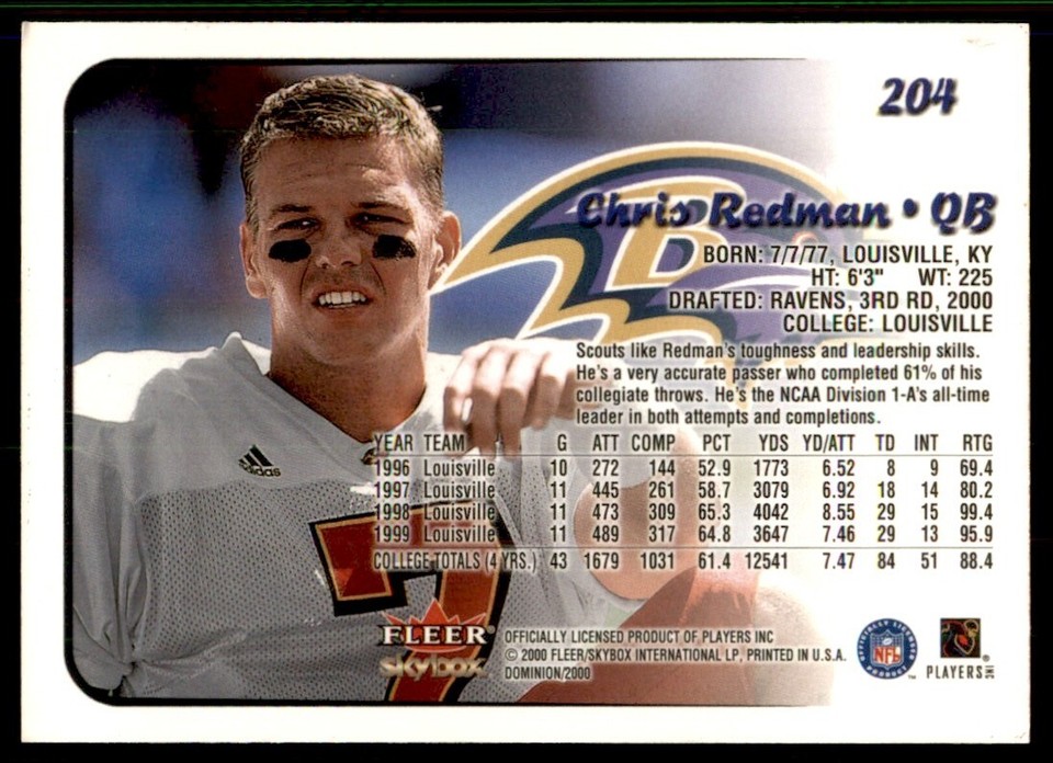 2000 Fleer Skybox Dominion Chris Redman Rookie Baltimore Ravens #204 ...