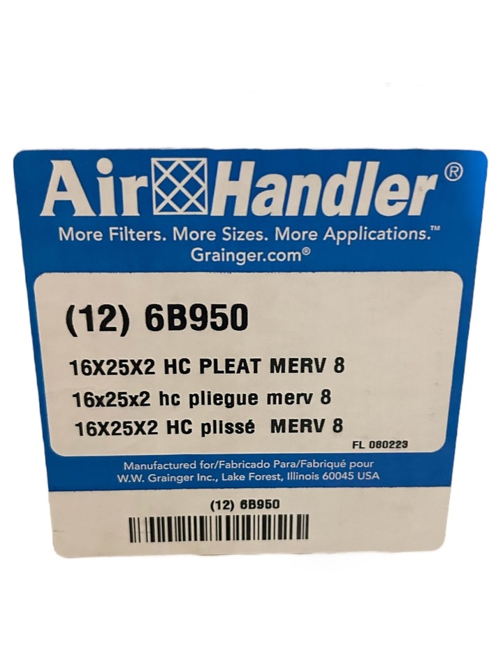 Air Handler, 6B950, Pleated Air Filter, 16x25x2, MERV 8, High Capacity ...
