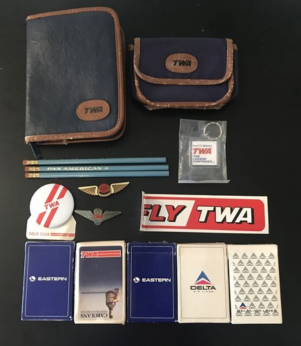 TWA 1988 OFFICE KIT, LEATHER POUCH, PINS, PENCILS, STICKER PLAYING ...