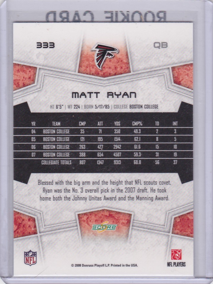 MATT RYAN ROOKIE CARD 2008 Score RARE SUPER BOWL XLIII Football RC ...