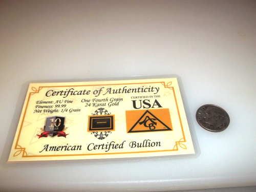 24K GOLD BAR 1/4 GRAIN AMERICAN CERTIFIED BULLION CERT CARD. 99.99 PURE ...