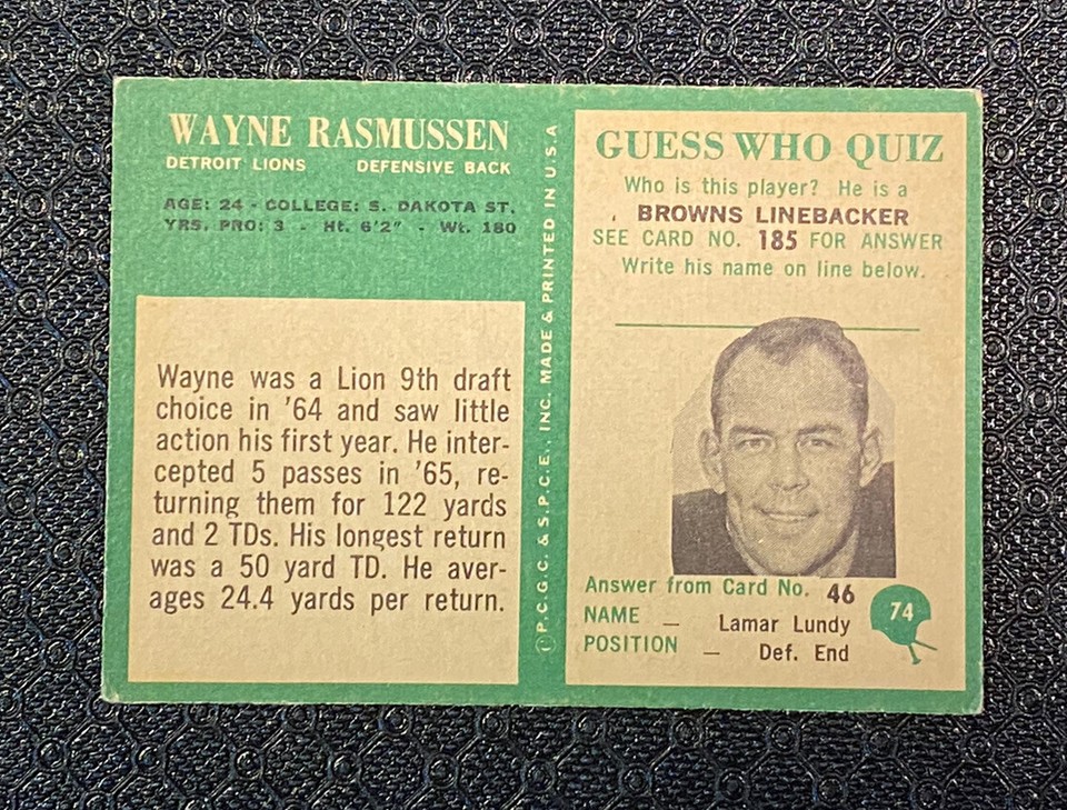 1966 Philadelphia #74 Wayne Rasmussen Detroit Lions NFL Vintage ...