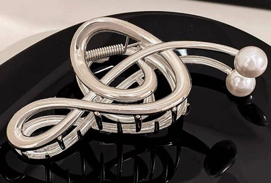 NEW Treble Music Note Hair Claw Hair Clip Metal Silver Tone Faux Pearls ...