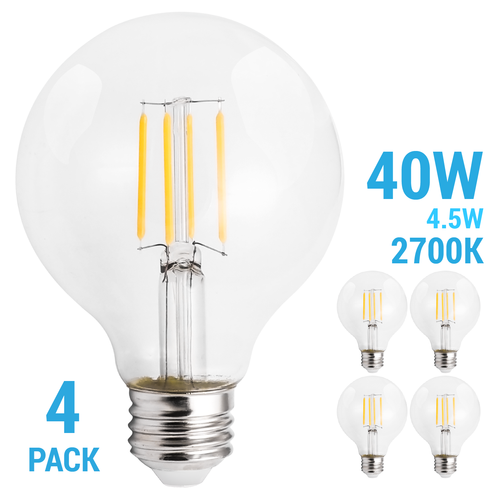 4 Pack G25 Clear Globe Filament Bulbs LED 2700K Warm White 4.5W =40W ...