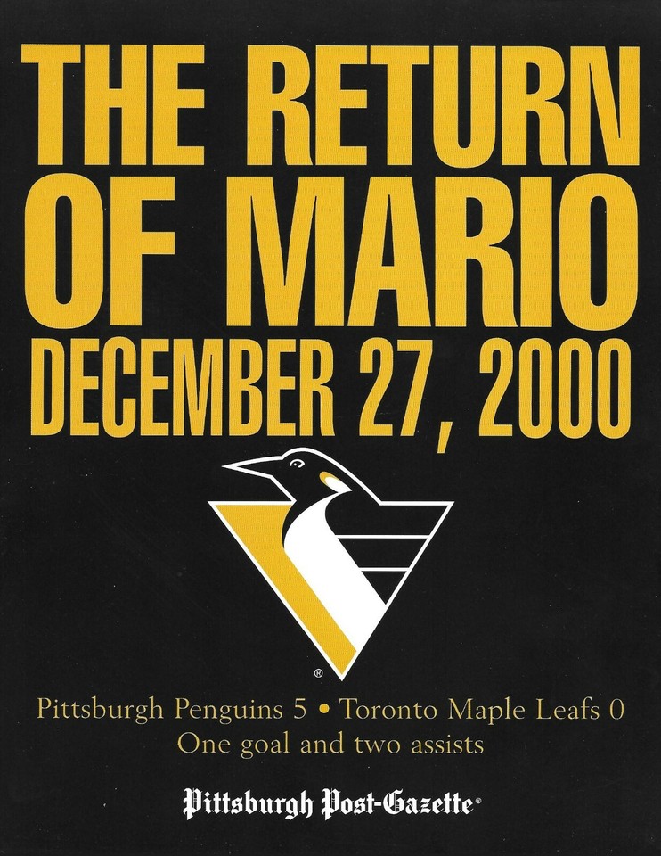 MARIO LEMIEUX The Return of Mario 12/27/00 POST-GAZETTE Newspaper ...