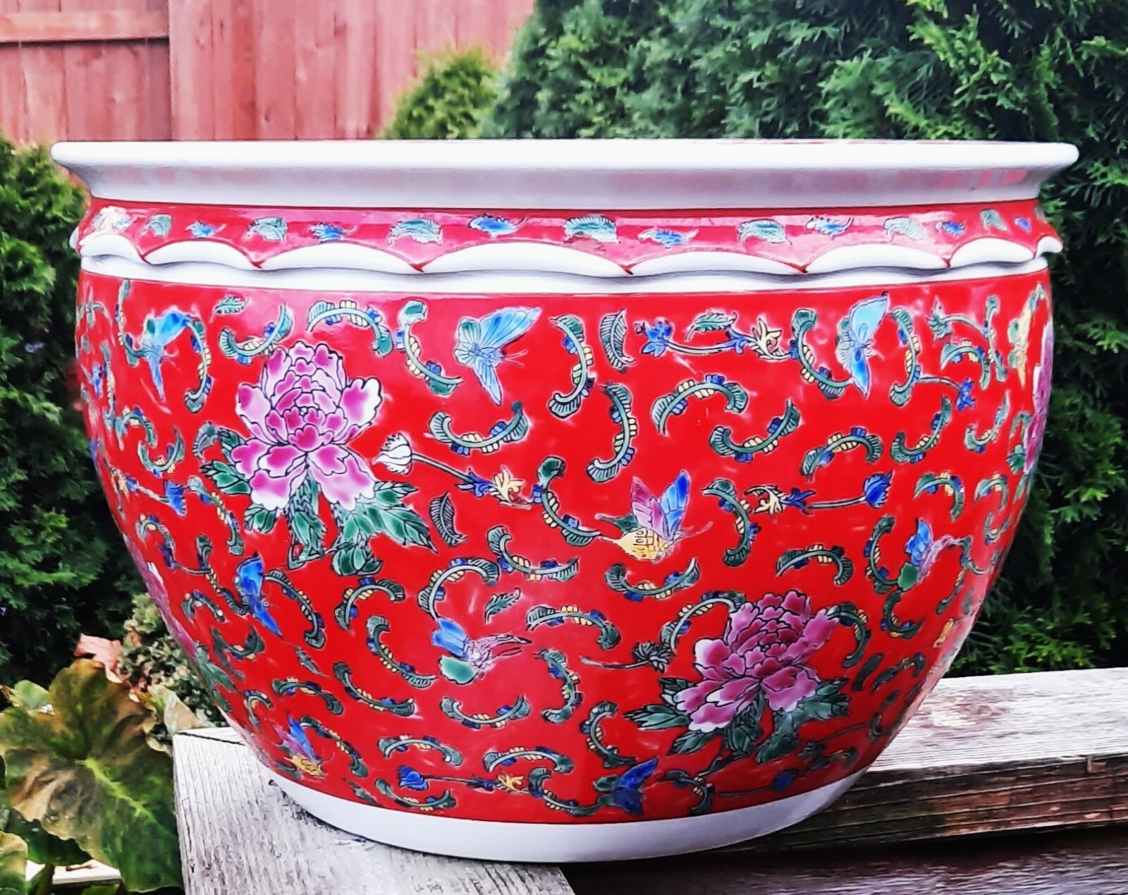 BIG!~ CHRISTMAS RED vtg chinese porcelain planter fish bowl flower pot ...