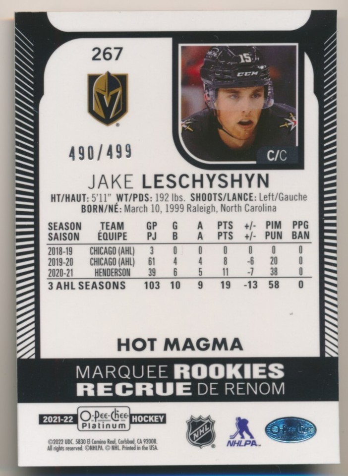 #267 JAKE LESCHYSHYN 2021-22 OPC Platinum HOT MAGMA 490/499 MARQUEE RC ...