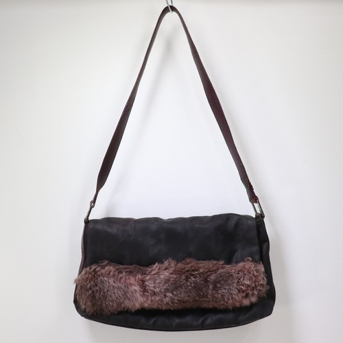 A. Testoni Shoulder Handbag Brown Leather Purple Fur Trim Signature ...