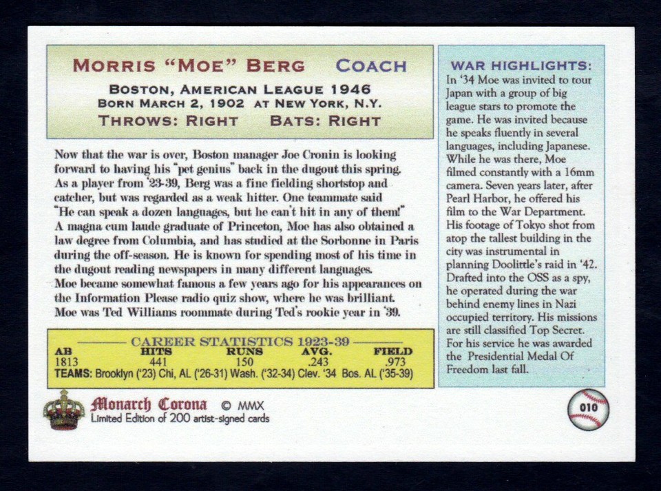 MOE BERG, THE BALLPLAYER SPY, '46 BOSTON RED SOX & WW2 WAR HERO NM+ ...