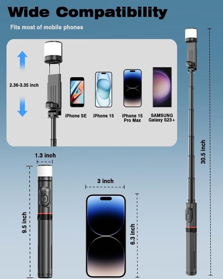 Selfie Stick Tripod, 30'' All-in-One Selfie Stick with 360° Rotation ...