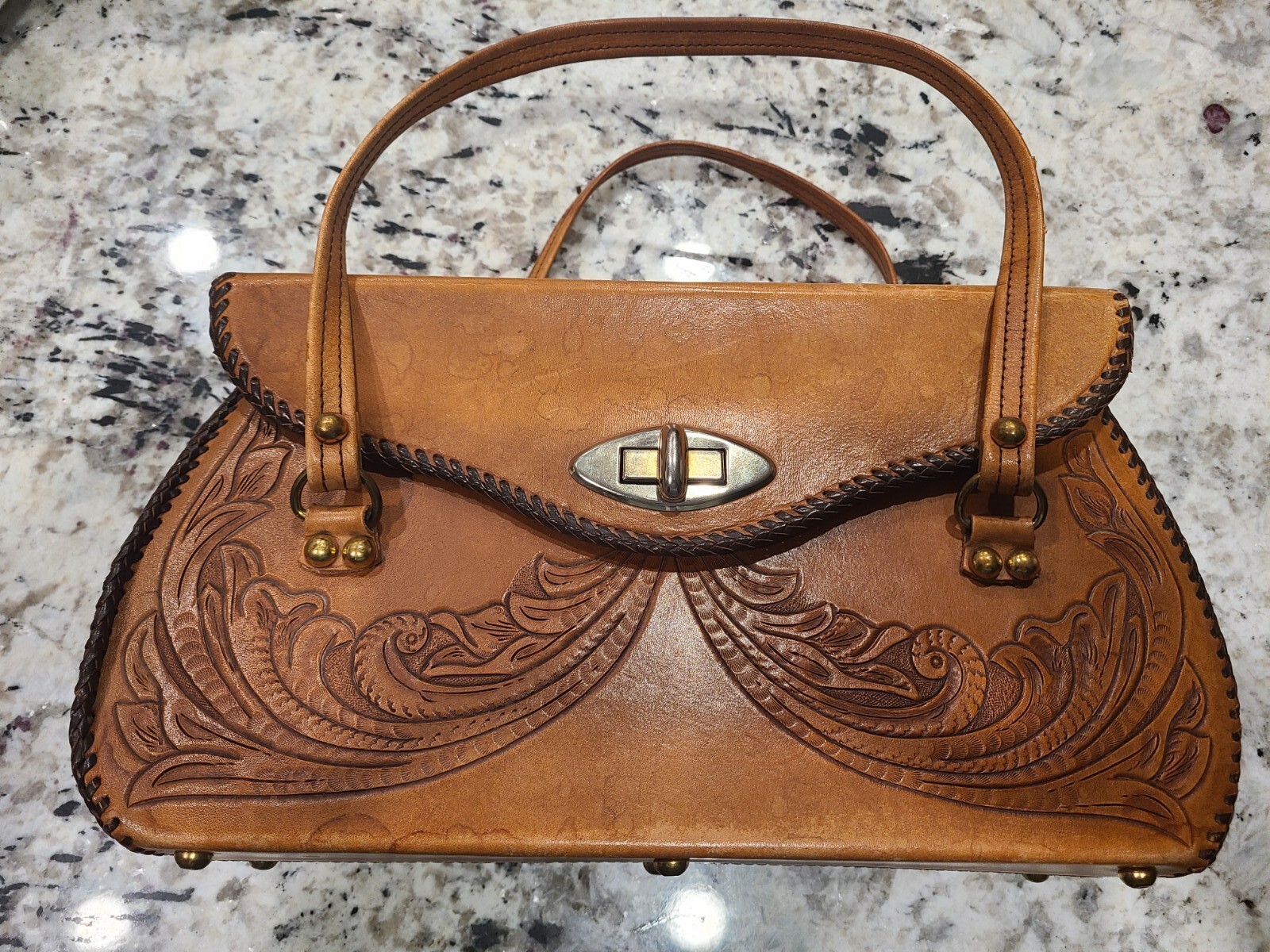 Vintage 1940 Hand Tooled Whiskey Brown Leather Emboss… - Gem