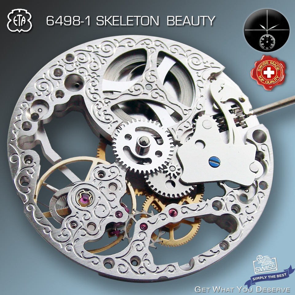 MOVEMENT ETA UNITAS 6498-1, TRADITIONAL SKELETON BEAUTY, RHODIUM, SWISS ...