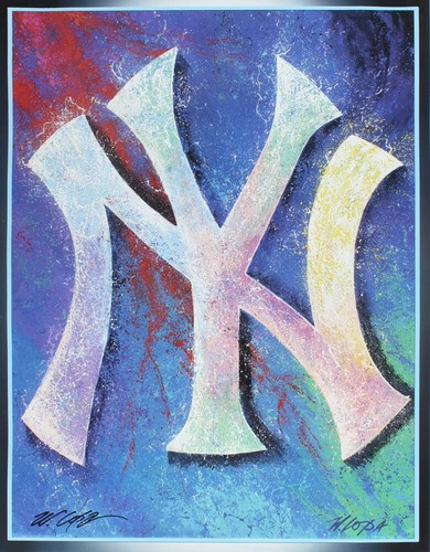 BILL LOPA AUTOGRAPHED NEW YORK YANKEES 21x27 INTERLOCKING "NY" ARTIST ...