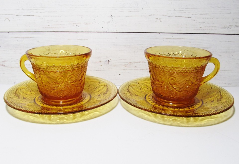 2 Indiana Glass Tiara Gold Amber Sandwich Tea Cups & Saucers Coffee ...