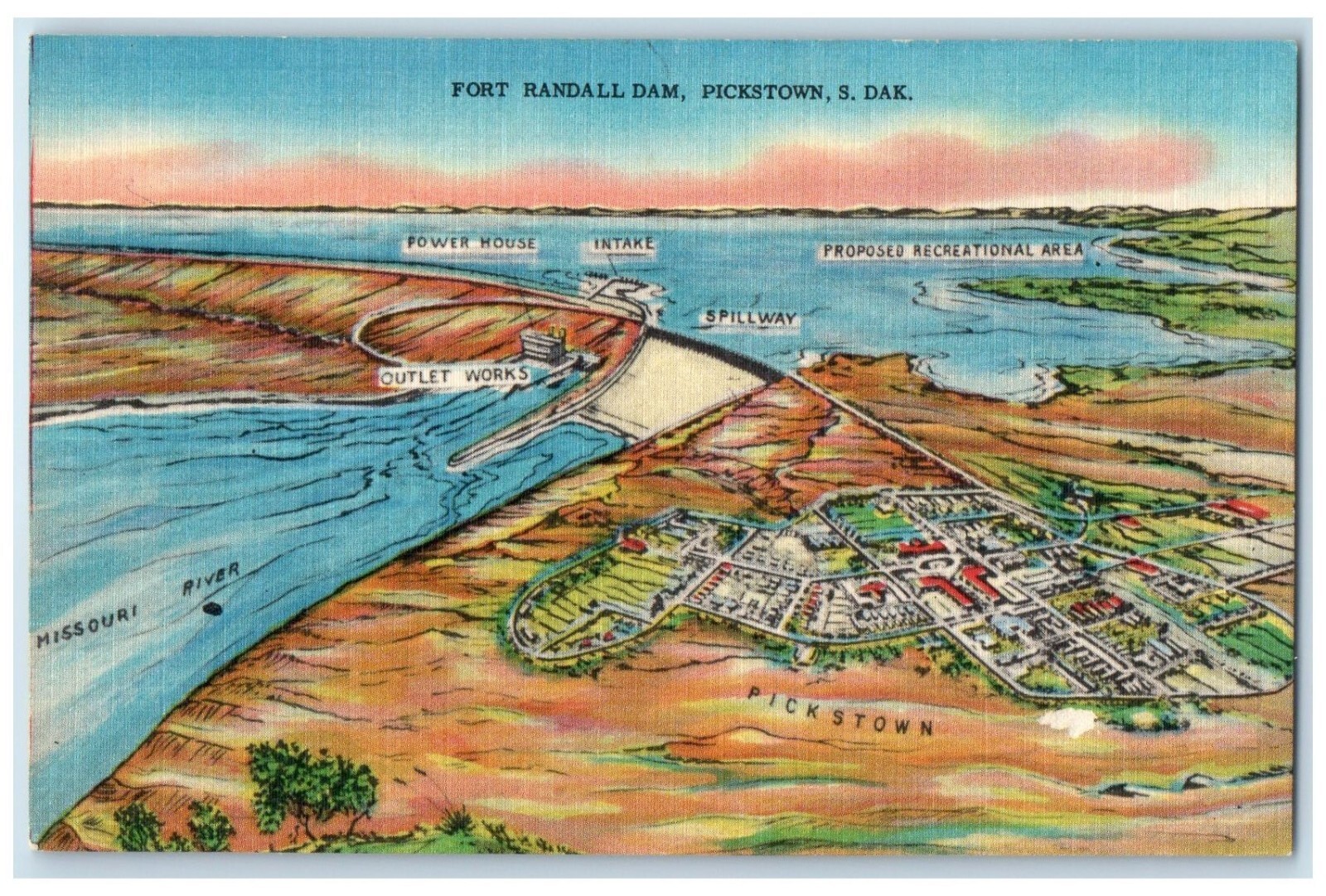 c1940 Birds Eye View Fort Randall Dam Pickstown South Dakota SD Vintage ...