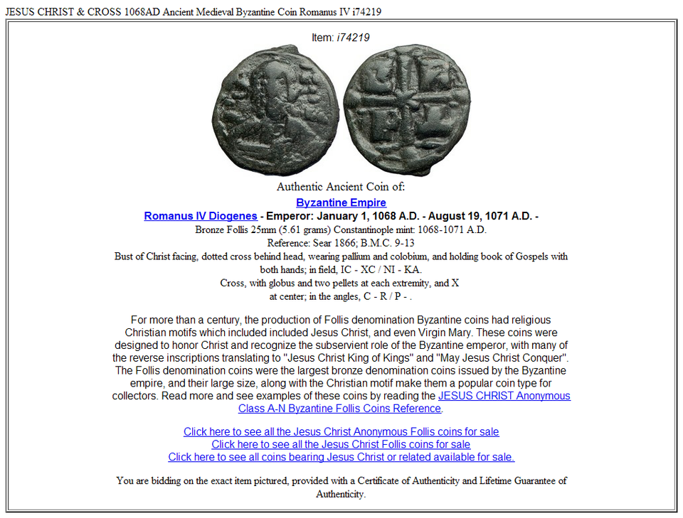 JESUS CHRIST & CROSS 1068AD Ancient Medieval Byzantine Coin Romanus IV ...