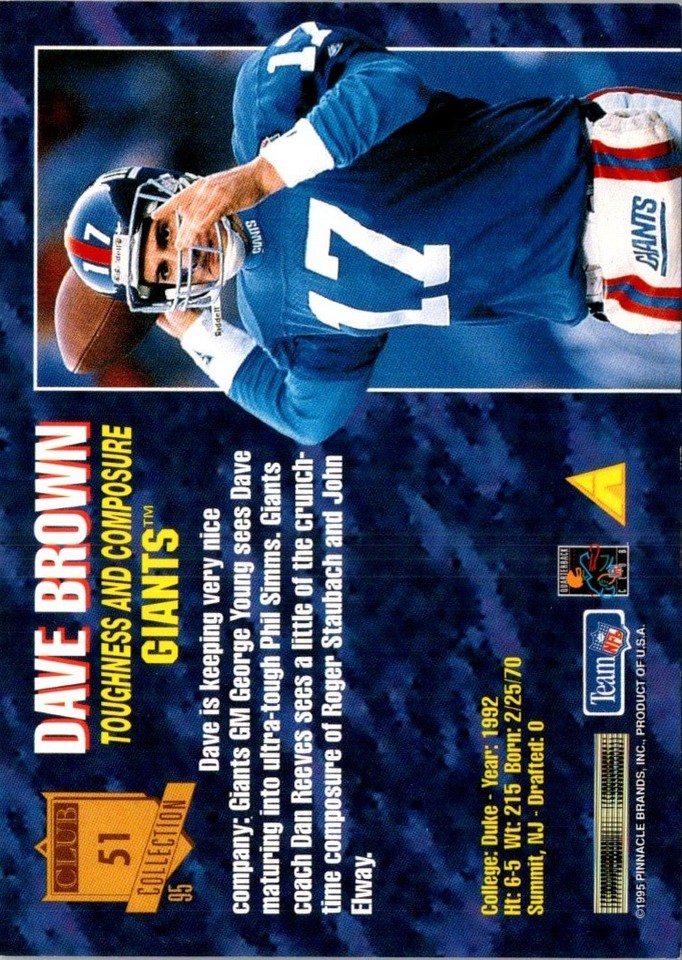 1995 Pinnacle Club Collection Dave Brown #51 New York Giants Football ...