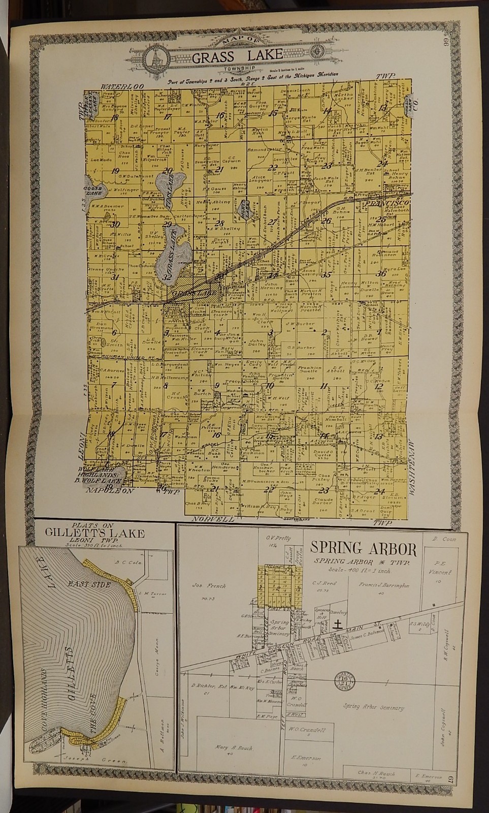 Michigan Jackson County Map Grass Lake Spring Township 1911 Double Page ...