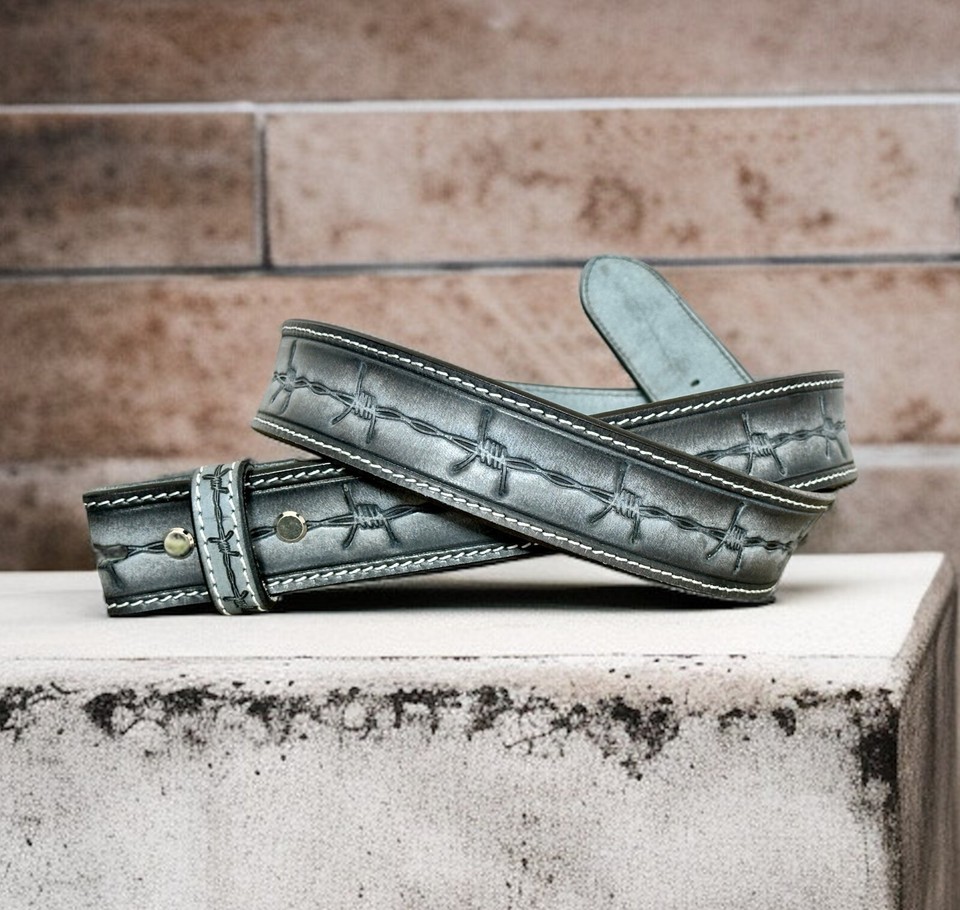Men's Western Belt Cowboy Full Grain Leather Barbed Wire No Buckle 1.5 ...