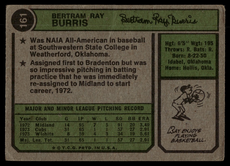 1974 Topps Ray Burris #161 Chicago Cubs RC, UER Baseball Card | eBay