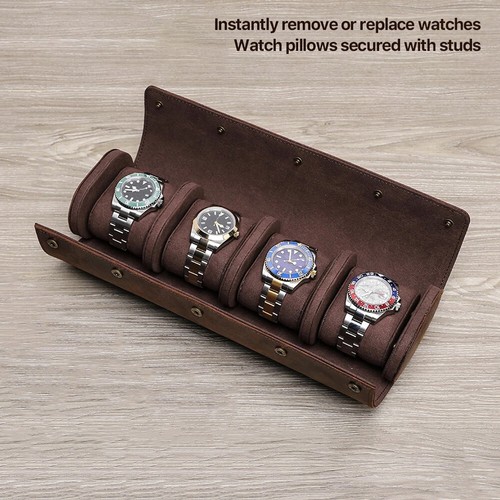 Retro 4 Slots Genuine Leather Watch Roll Storage Box Watches Travel ...