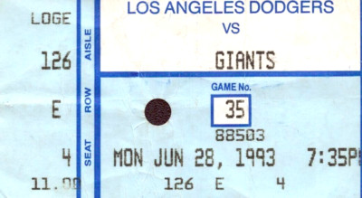 1993 Dodger Stadium Ticket Stub LA Dodgers San Francisco Giants June 28 ...