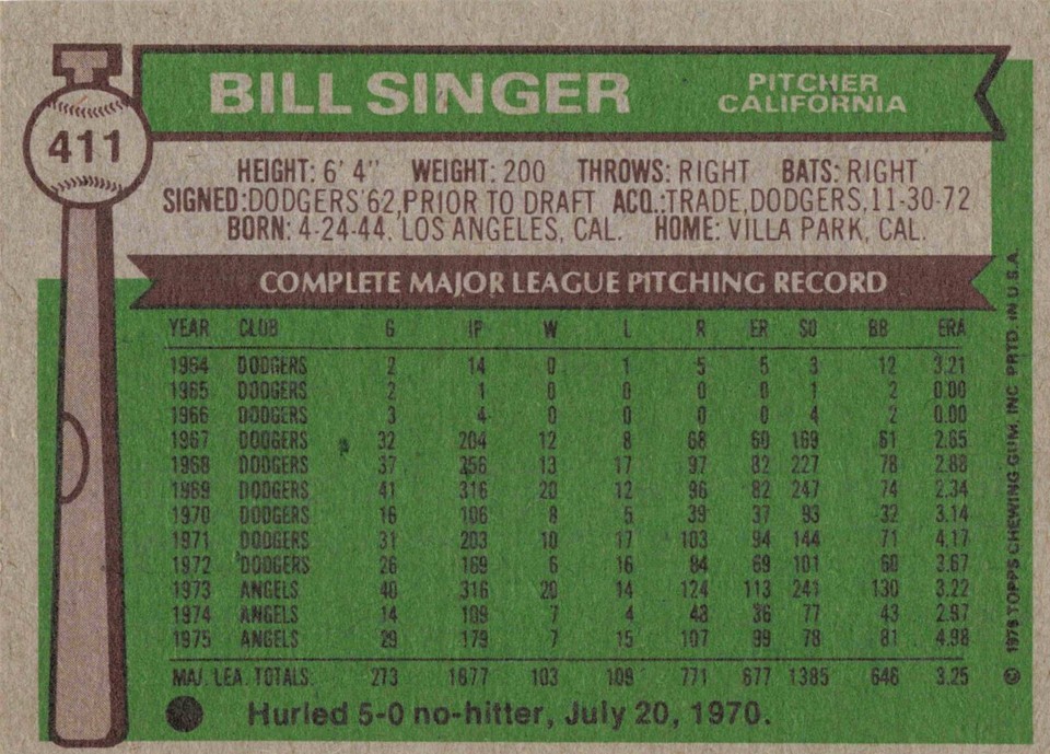 Bill Singer California Angels 1976 Topps Baseball Card #411 | eBay