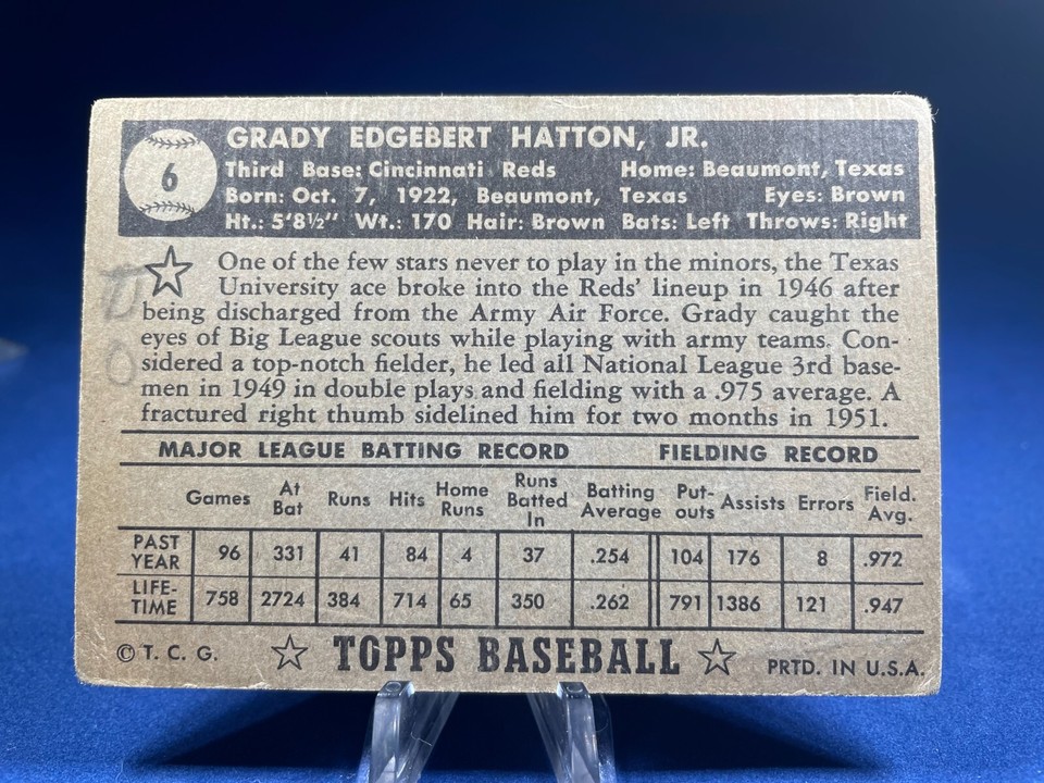 1952 Topps Baseball Card Grady Hatton #6 Cincinnati Reds | eBay