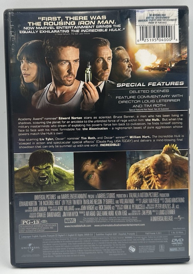 The Incredible Hulk DVD Full Screen Edward Norton Liv Tyler Tim Roth ...