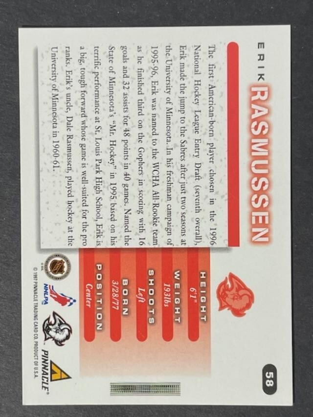 1997 Pinnacle Score Hockey ERIC RASMUSSEN # 58 - ROOKIE CARD - MT | eBay