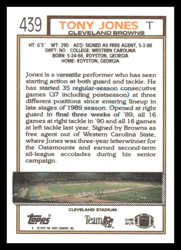1992 Topps #439 Tony Jones Cleveland Browns Football Card EX/NM | eBay