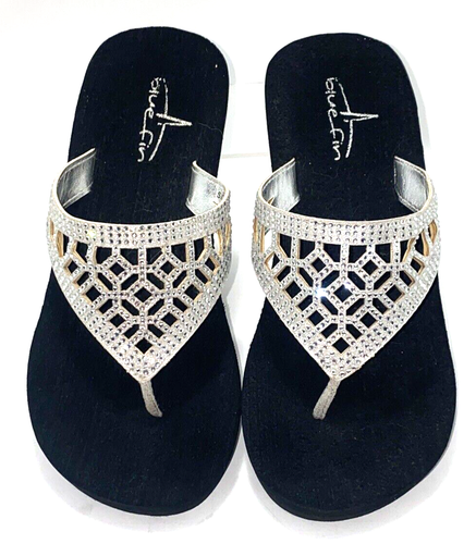 Blue Fin Rhinestone Faux Leather Wedge Platform Flip Flops Size 6 ...