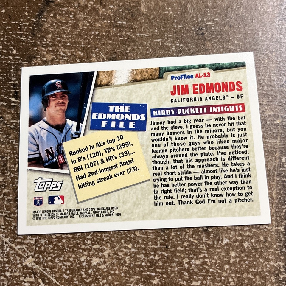 1996 Topps Profiles Jim Edmonds Angels #AL-13 MLB Baseball Insert Card ...