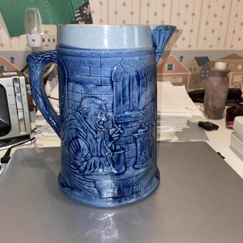 Blue & Grey Flemish Ware Pitcher Stoneware Old Bar Scene | eBay