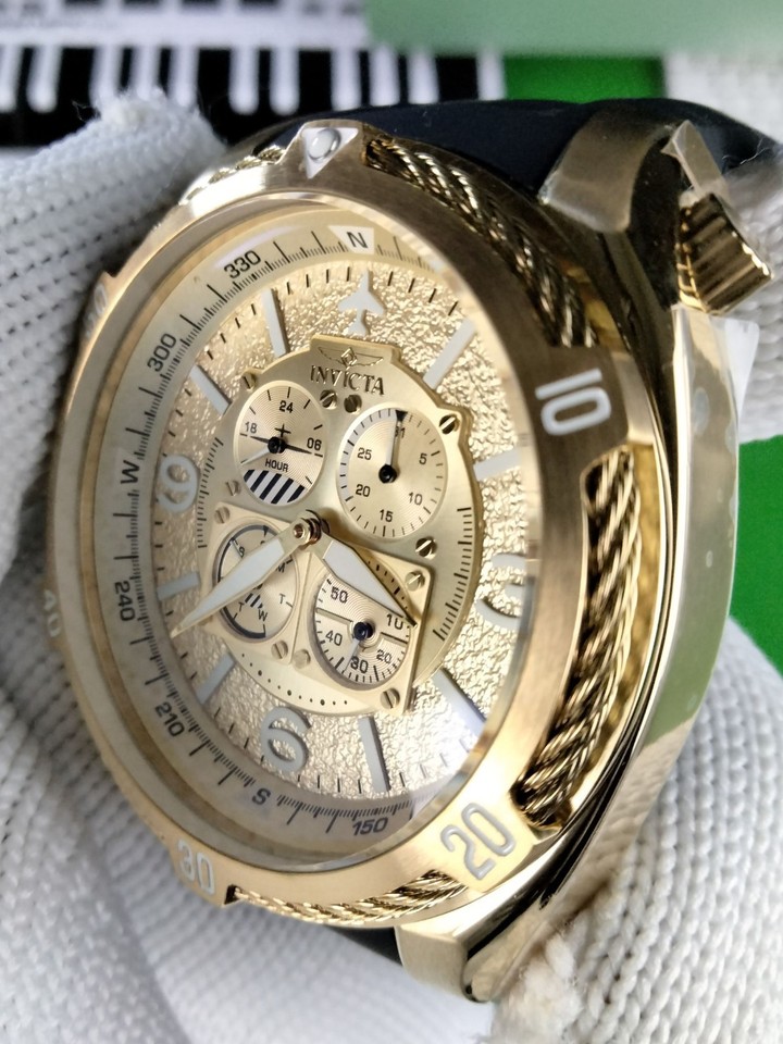 Invicta Men Aviator Gold Tone SS Quartz Watch 30486 Trinite Nite Glow ...
